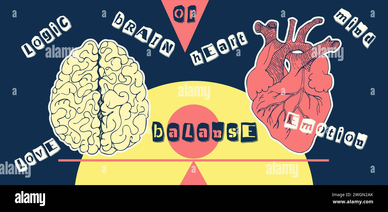 Concept heart VS brain. Vintage design collage poster. Mental health ...