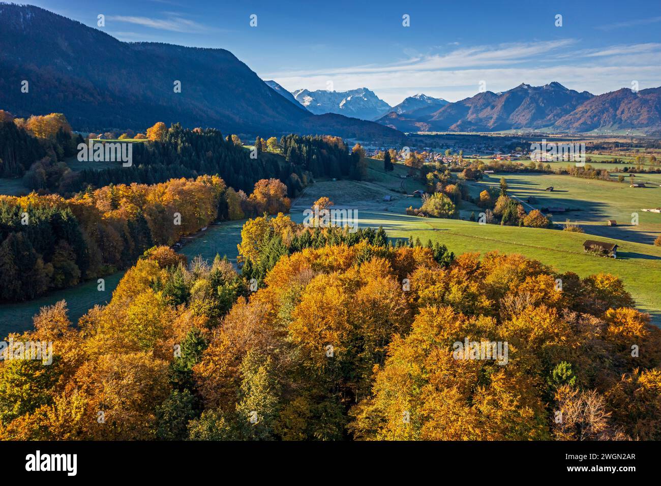 Aerial view of mountain landscape, fall, forest, sunny, Murnau ...