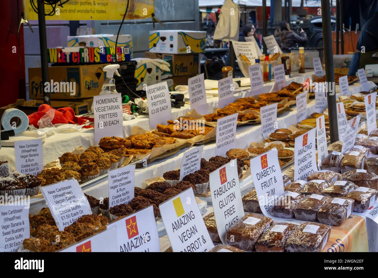 Gluten free and vegan food stall at the street market in Cambridge UK ...