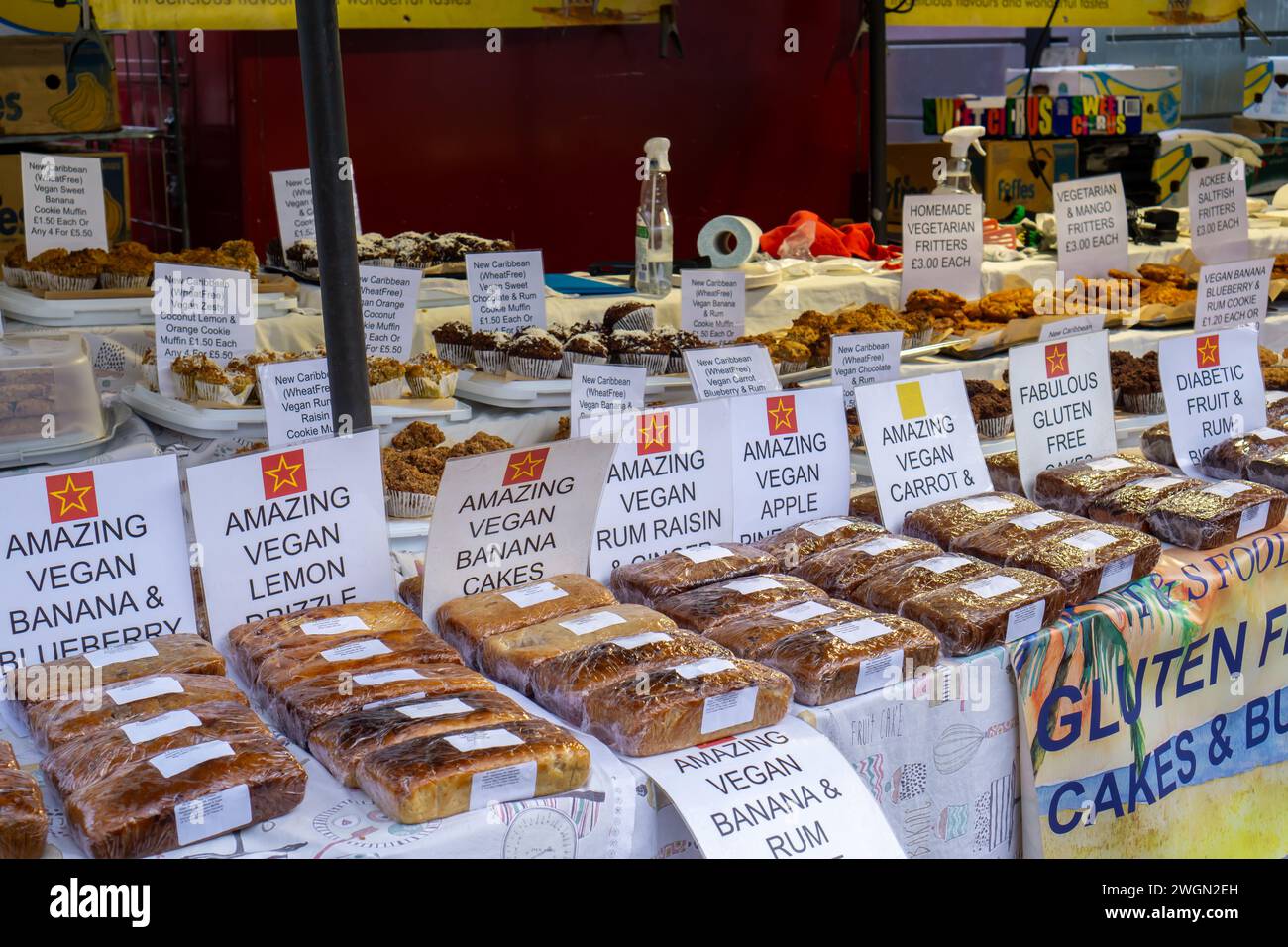 Gluten free and vegan food stall at the street market in Cambridge UK ...