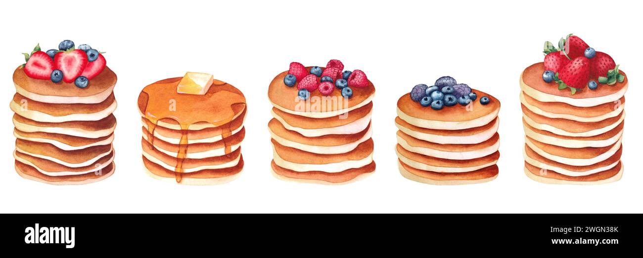 Set of pancakes. Hand drawn watercolor illustration isolated on white ...