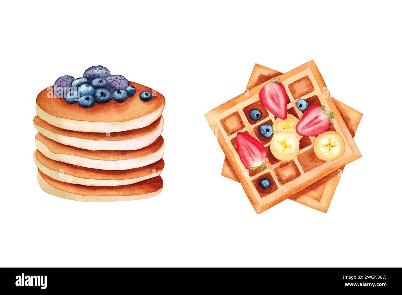 Hand drawn waffles and pancakes. Watercolor illustration on an isolated ...