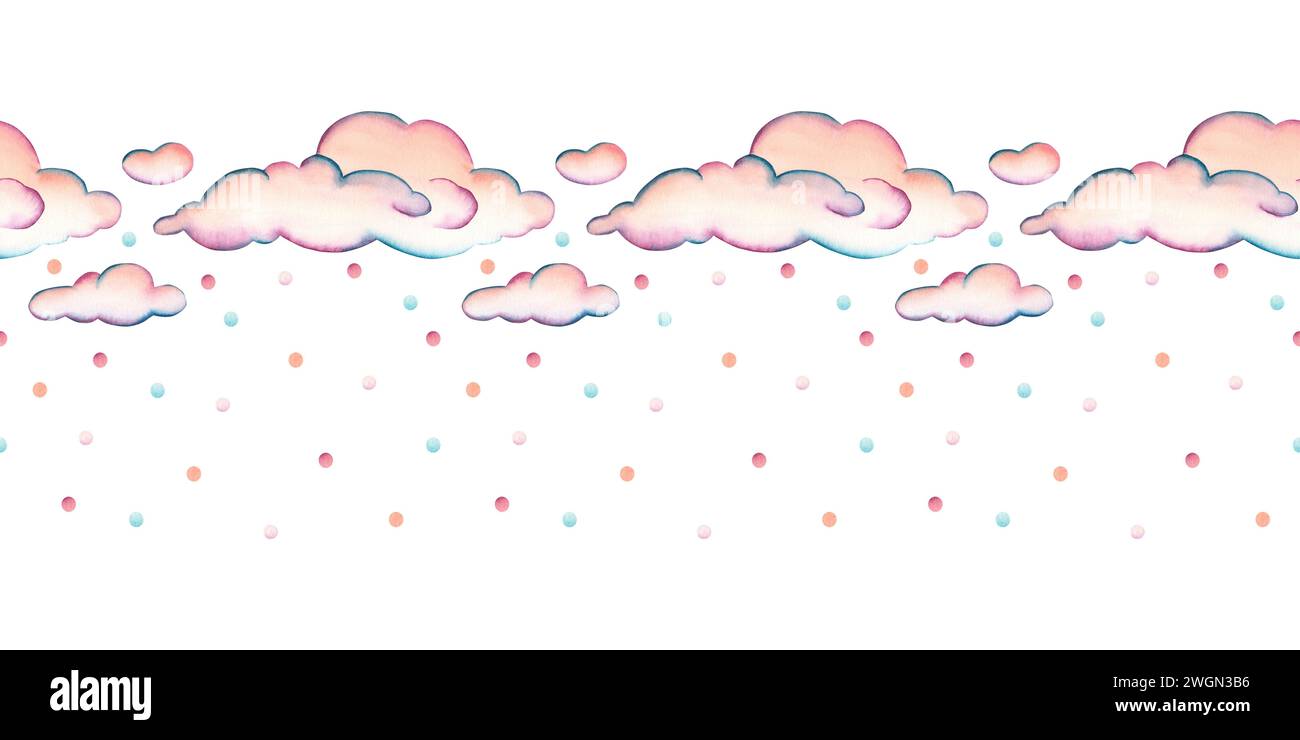 Watercolor seamless banner with pink clouds and multicolored rainbow ...