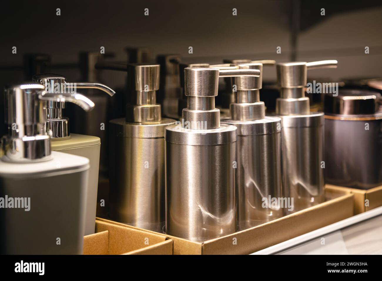 Containers for liquid soap or shampoo with a dispenser is sold in a ...