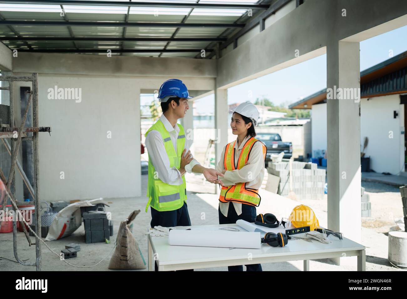 team engineer, foreman, architect meeting for colleagues discussing and checks construction ...