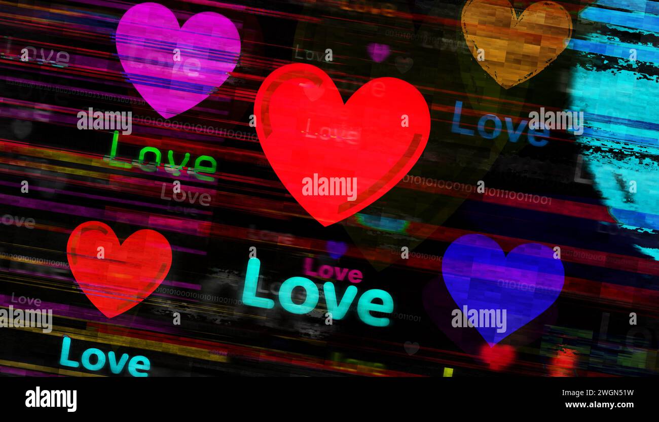 Love heart romantic symbol technology concept. Abstract sign on glitch ...