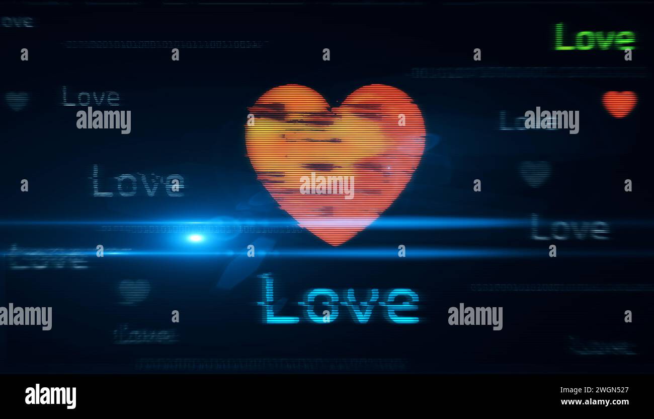 Love heart romantic symbol technology concept. Abstract sign on glitch ...