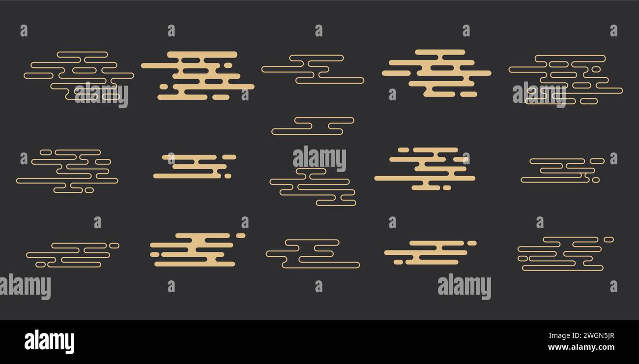 Asian gold cloud set, traditional abstract collection isolated on dark ...