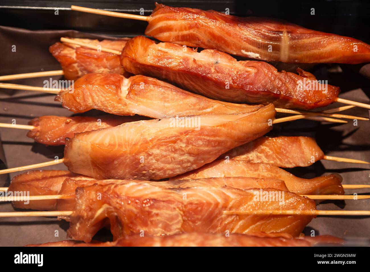 Grilled salmon kebab skewers. Salmon fish kebab on the grill Stock ...