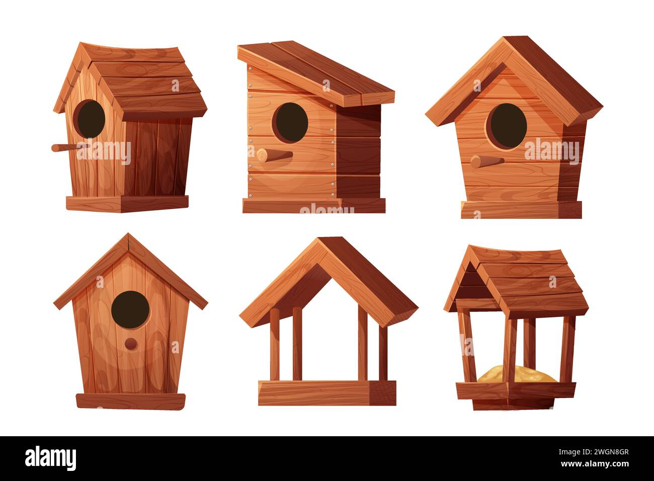 Set wooden bird feeder and bird house with roof, hole and seeds in ...