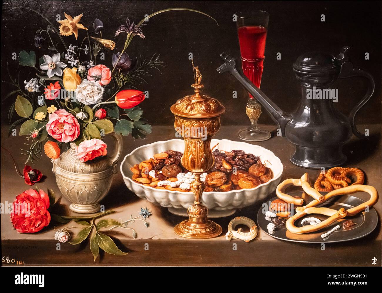 Clara Peeters, still life with flowers, gilt silver cup, almonds, nuts ...