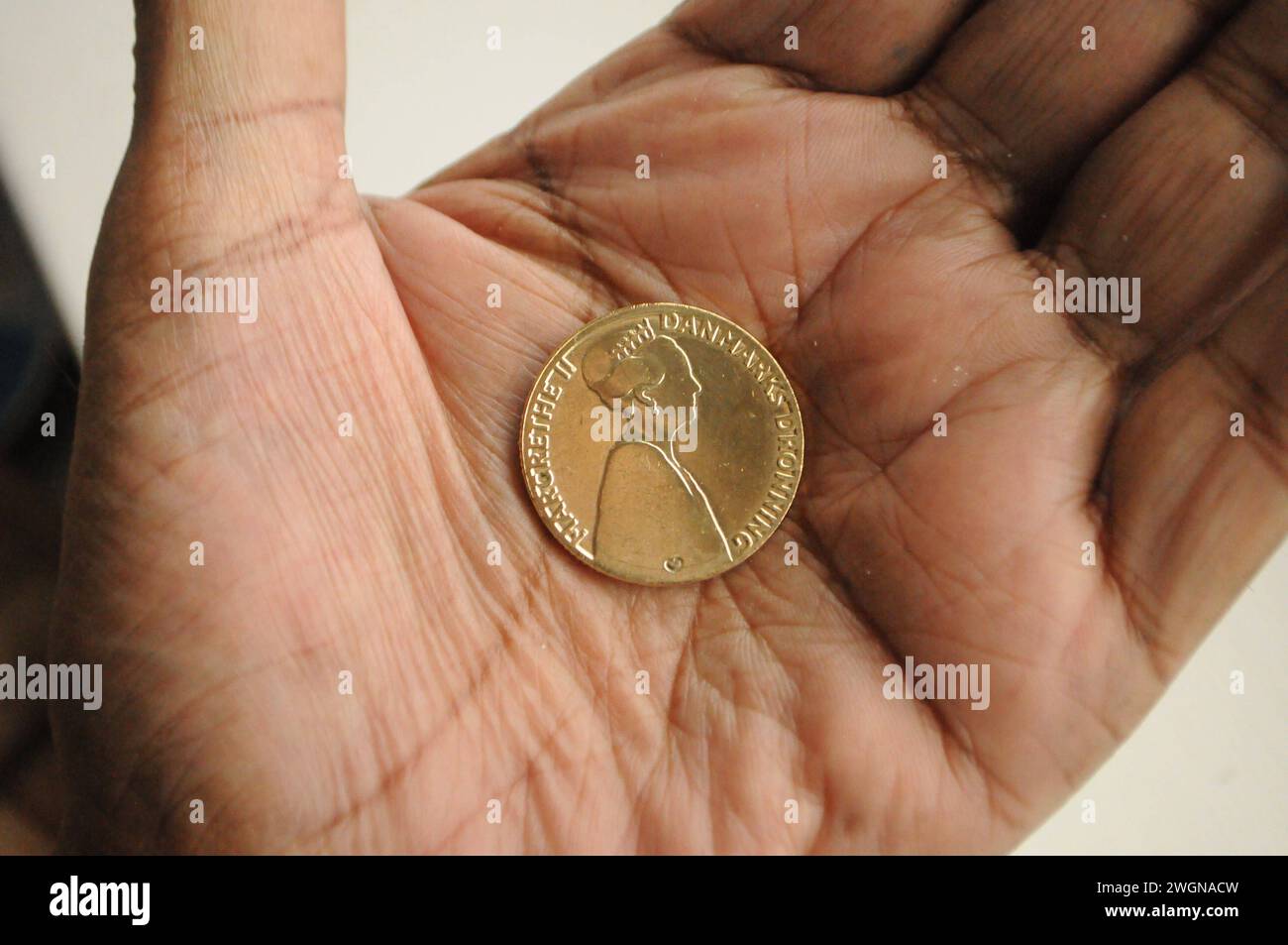Copenhagen, Denmark /07 February 2024/. Danish 20 kroner coin H.M.The ...