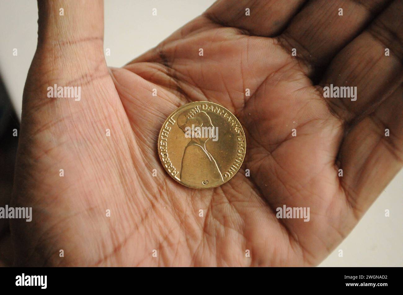 Copenhagen, Denmark /07 February 2024/. Danish 20 kroner coin H.M.The ...