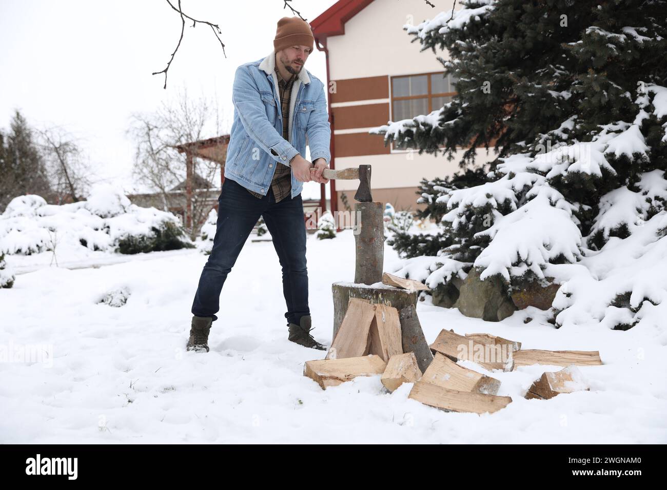 Man chopping wood on stump hi-res stock photography and images - Alamy