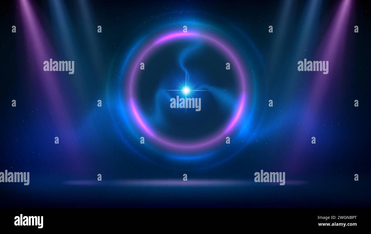Pink blue purple spotlight backdrop. Stage with pink blue circular ...