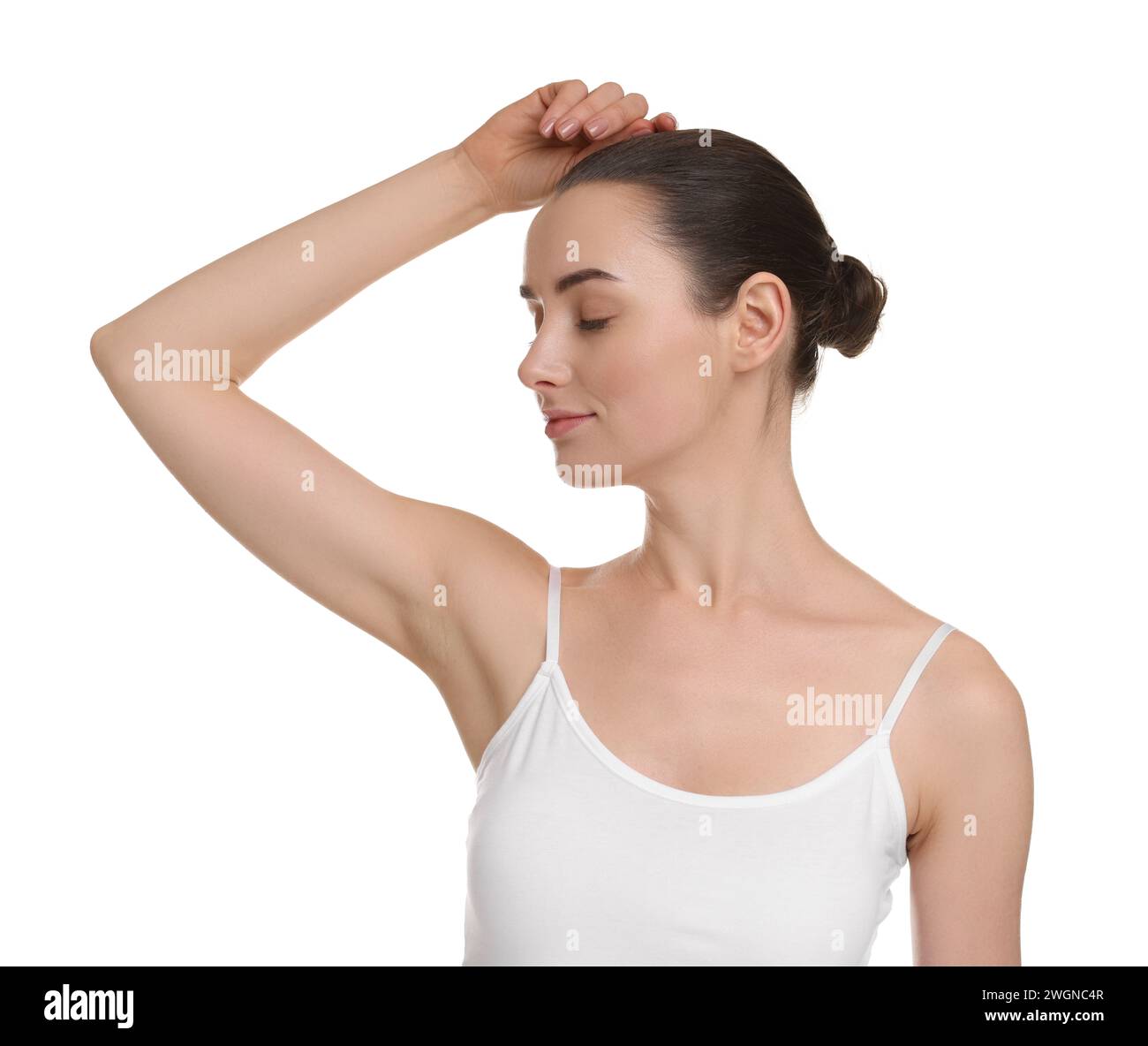 Beautiful woman showing armpit with smooth clean skin on white ...