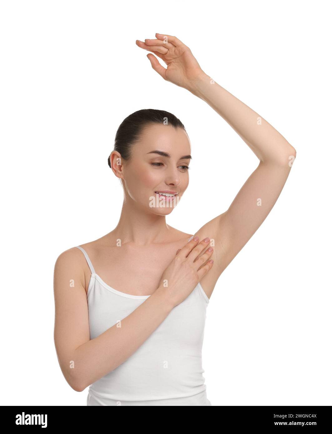 Beautiful woman showing armpit with smooth clean skin on white ...