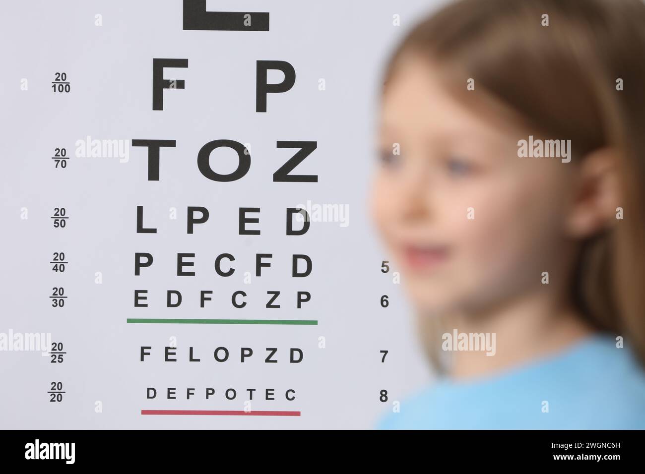 Cute little girl against vision test chart, selective focus Stock Photo ...