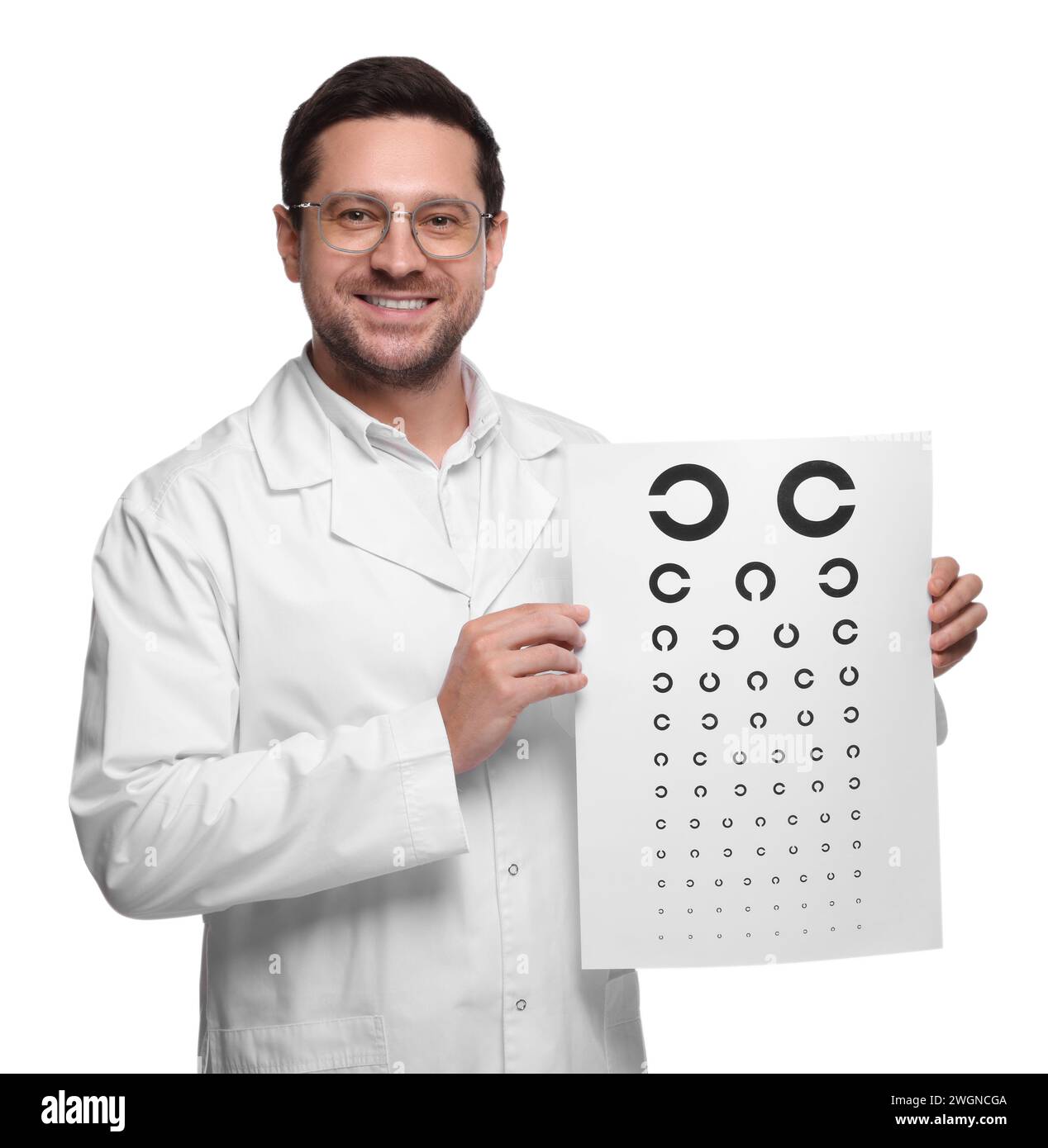 Ophthalmologist with vision test chart on white background Stock Photo ...