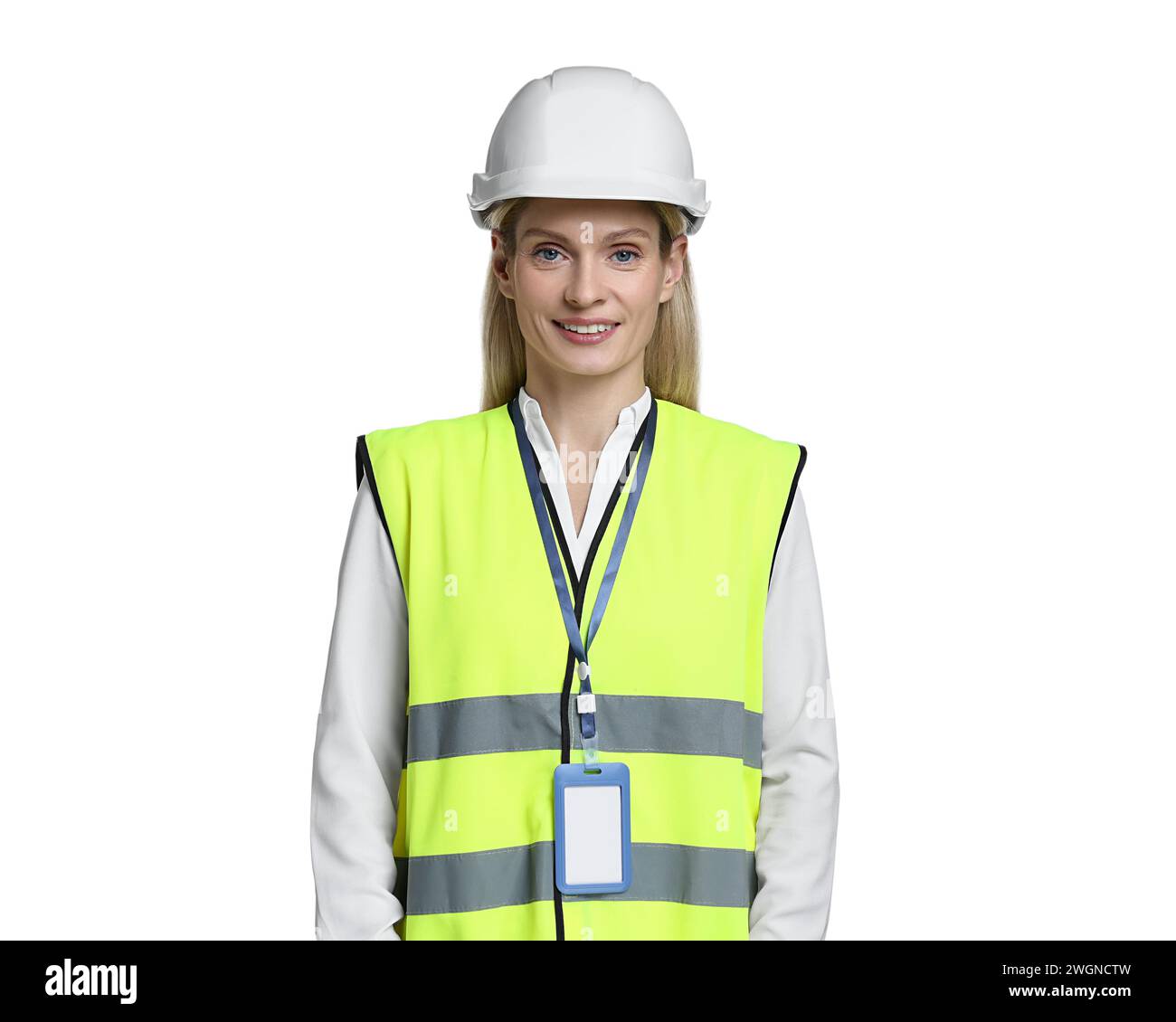 Engineer with hard hat and badge on white background Stock Photo - Alamy