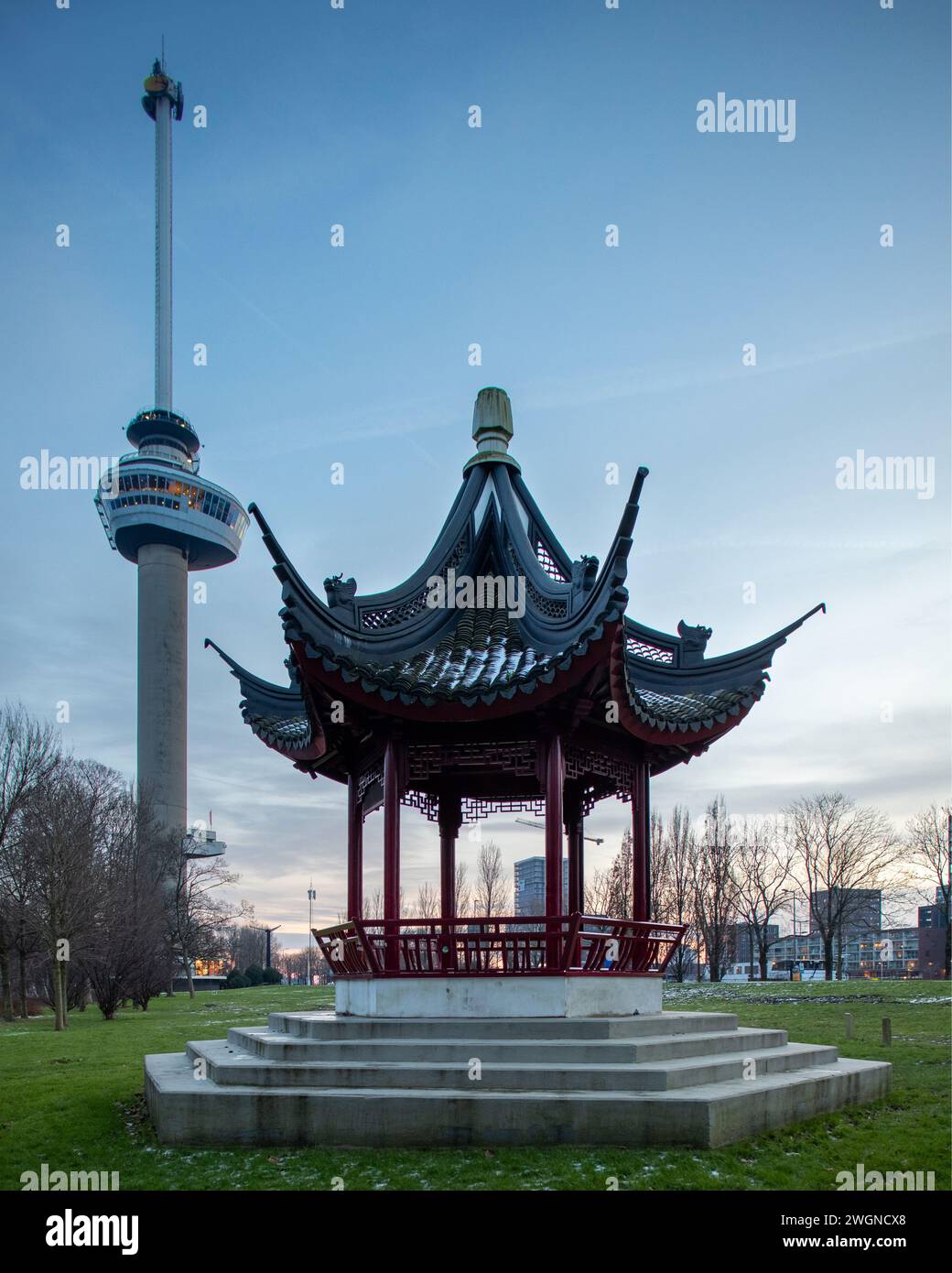 The Euromast, observation tower with Chinese pavilion, in Rotterdam ...