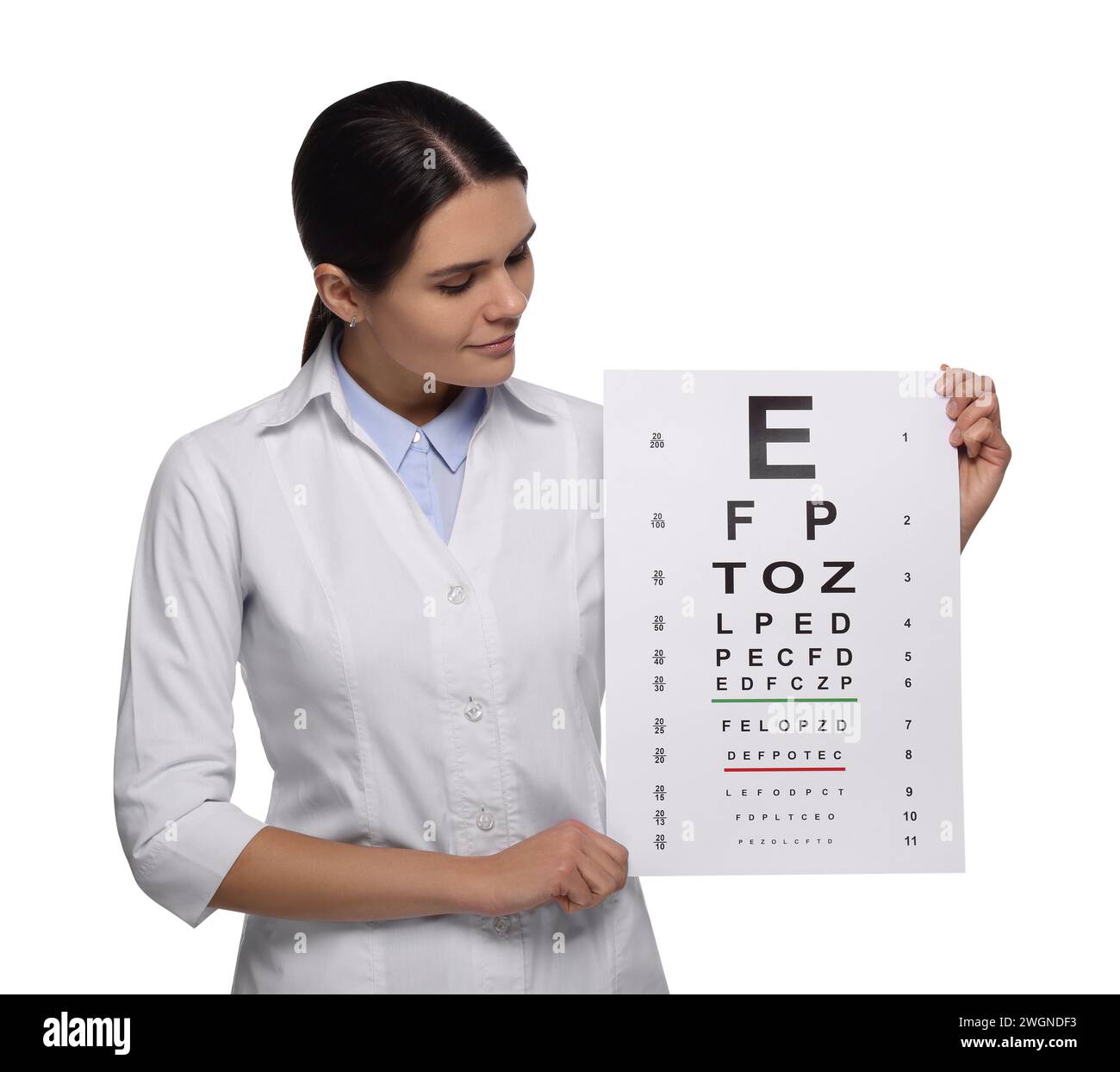 Ophthalmologist with vision test chart on white background Stock Photo ...