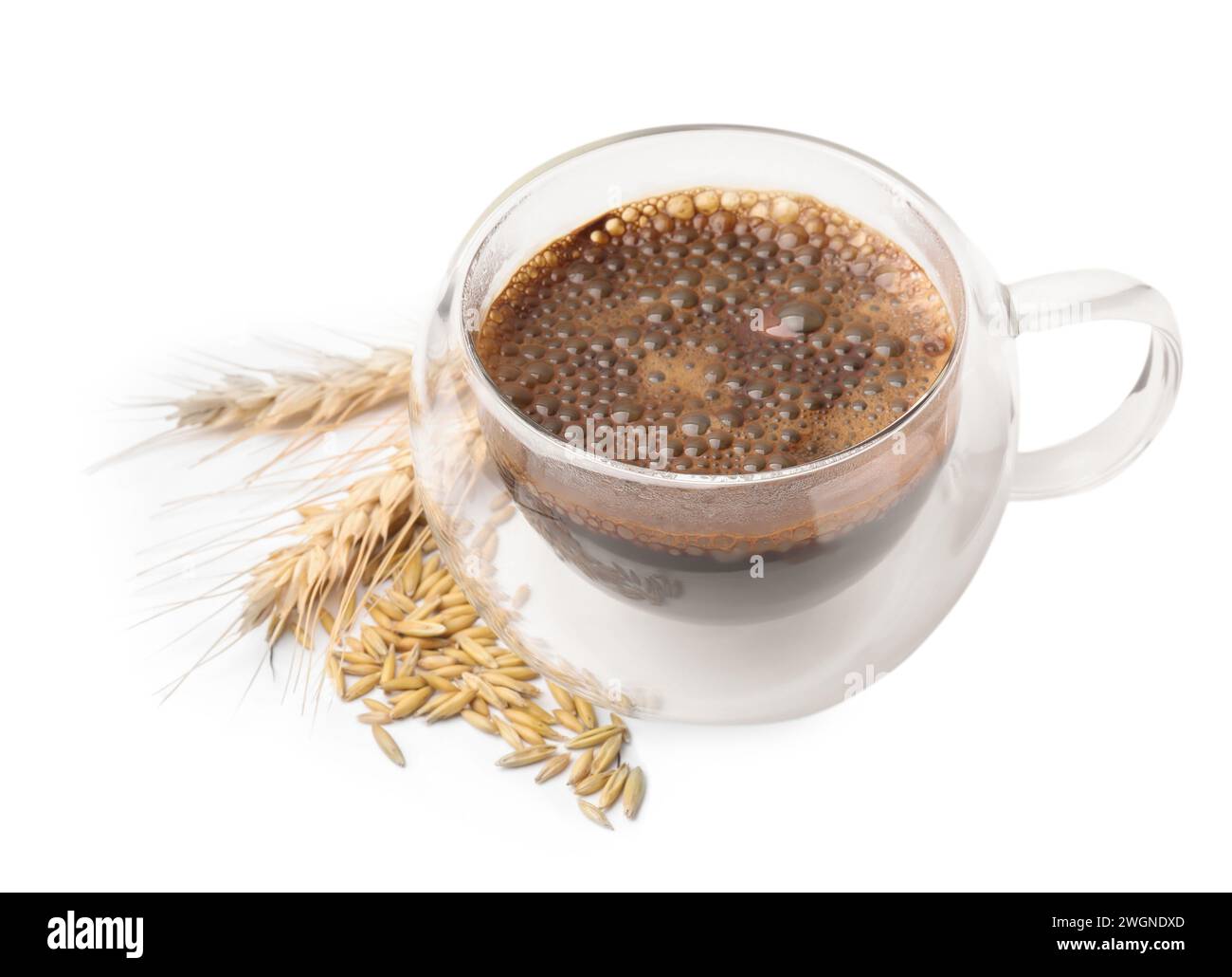 Cup of barley coffee, grains and spikes isolated on white Stock Photo ...