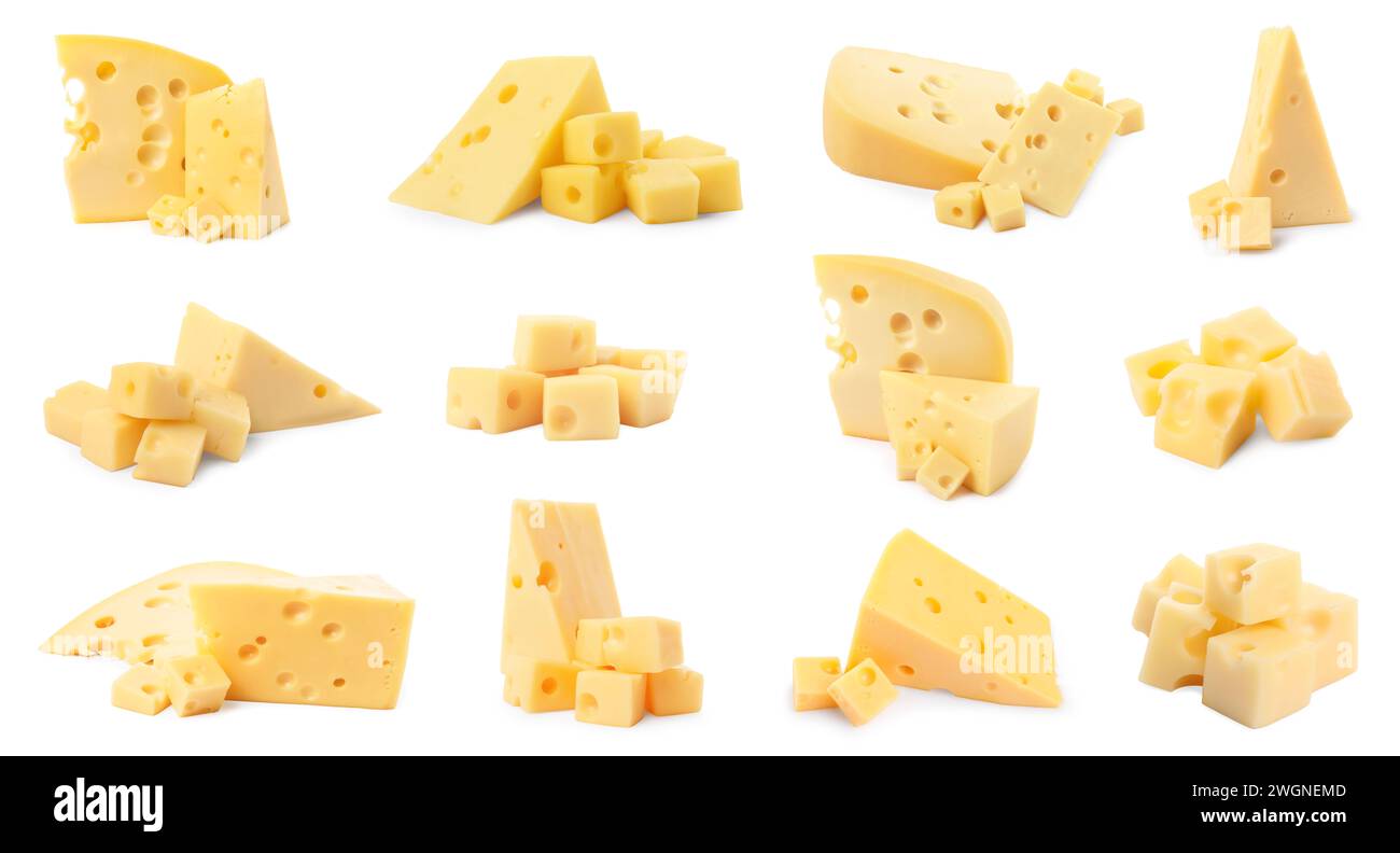 Fresh cheese isolated on white, set of pieces Stock Photo - Alamy
