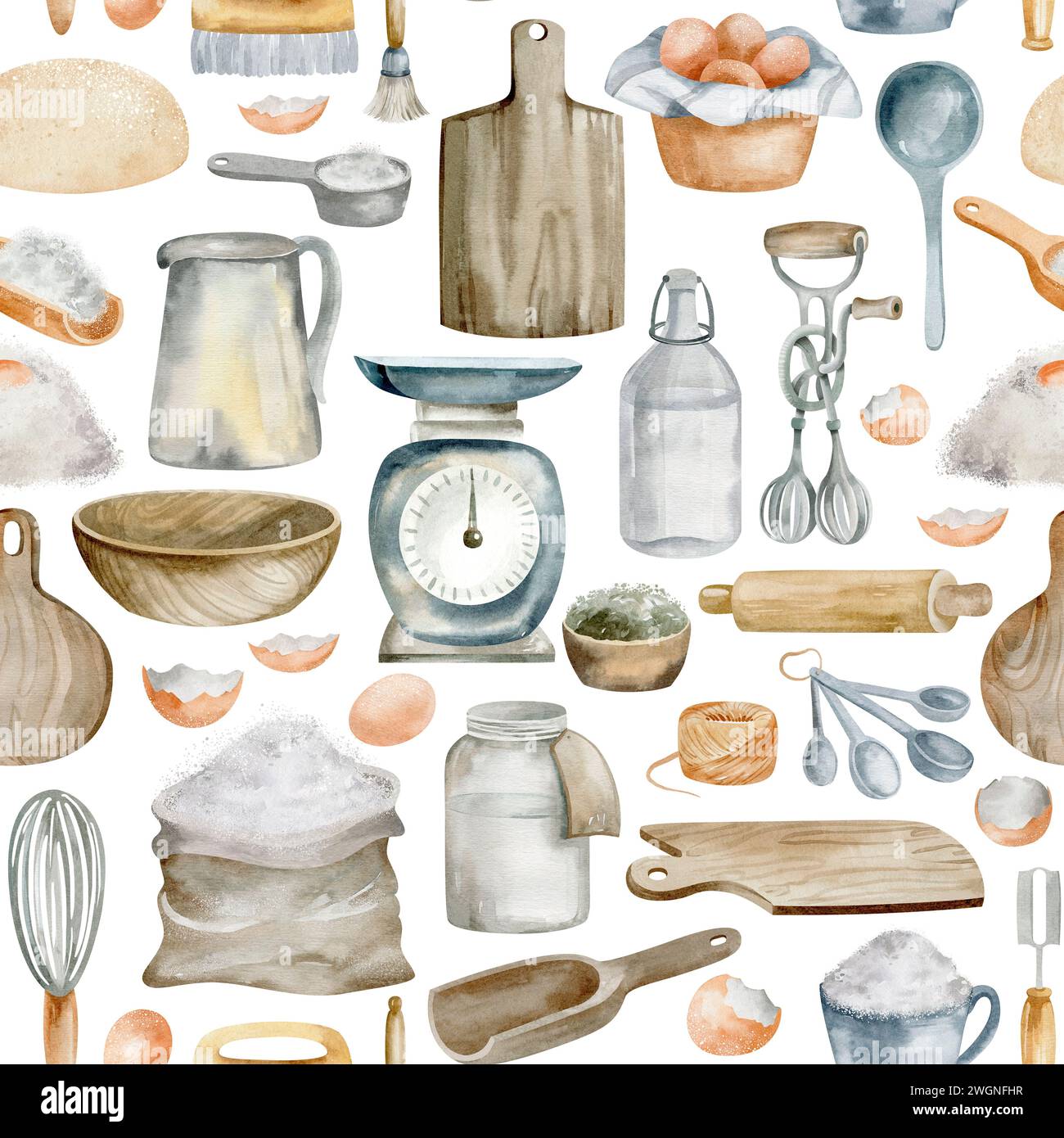 Culinary kitchenware background. Watercolors seamless pattern flour ...