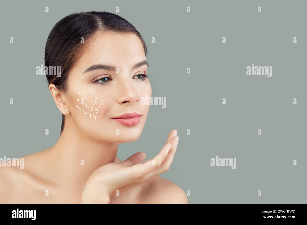 Lovely woman. Face lift anti-aging lines on young female face. Graphic ...