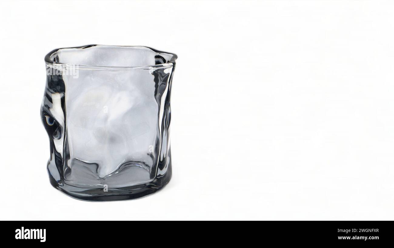 One empty curved glass glass isolated on white background. Crooked ...