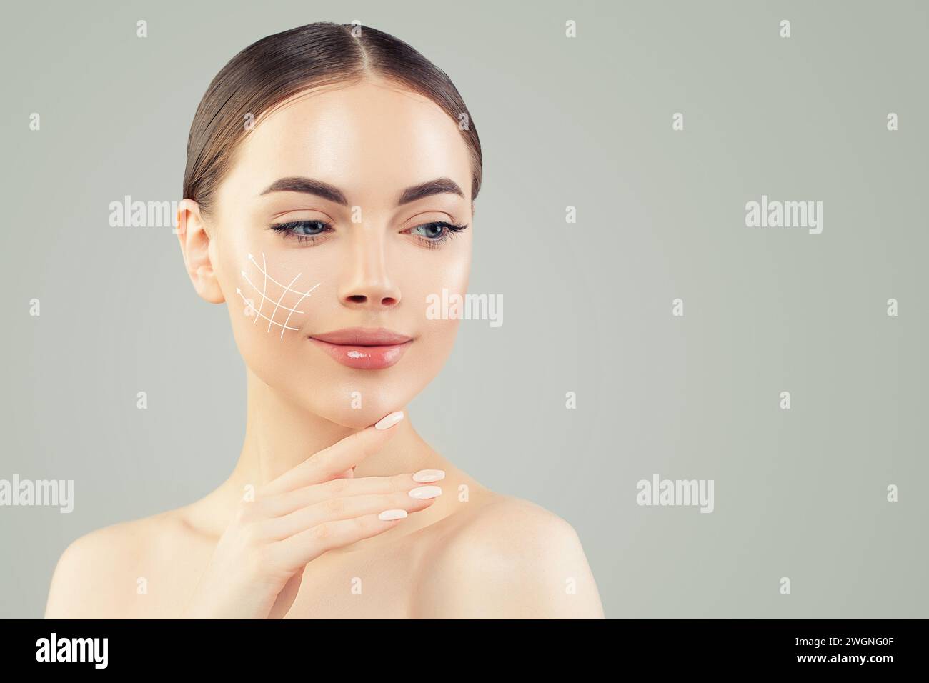 Charming woman. Face lift anti-aging lines on young female face ...