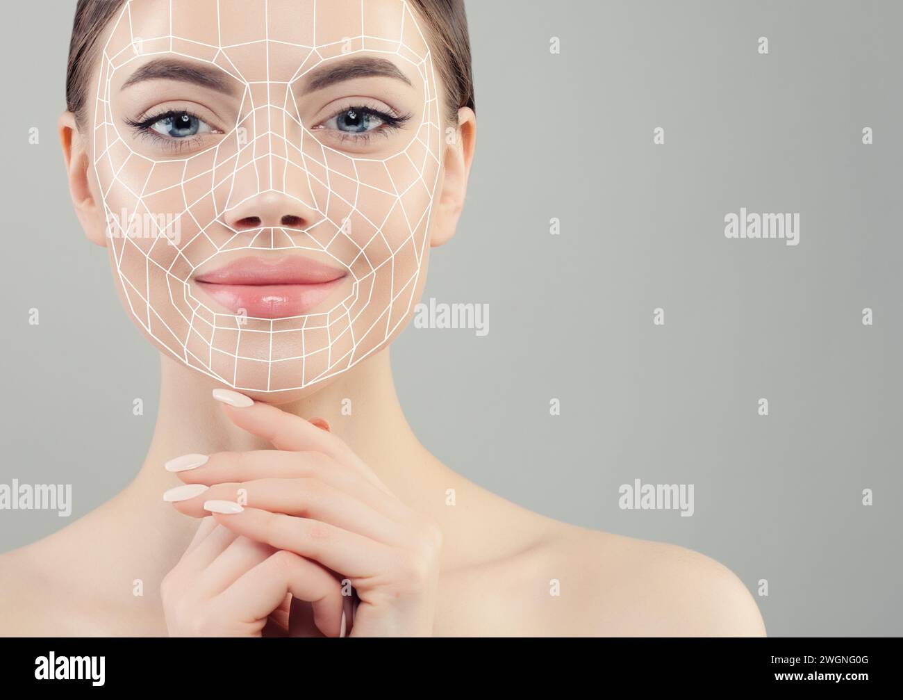 Beautiful woman. Face lift anti-aging lines on young female face ...