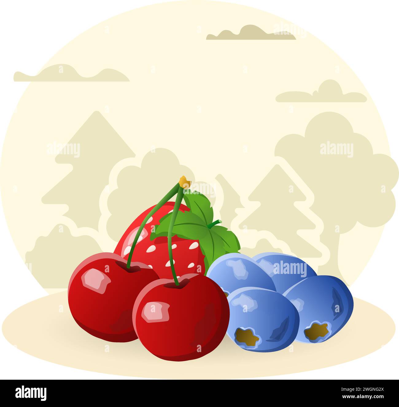 Berry illustration. Cherry, strawberry, blueberry, leaf. Editable ...