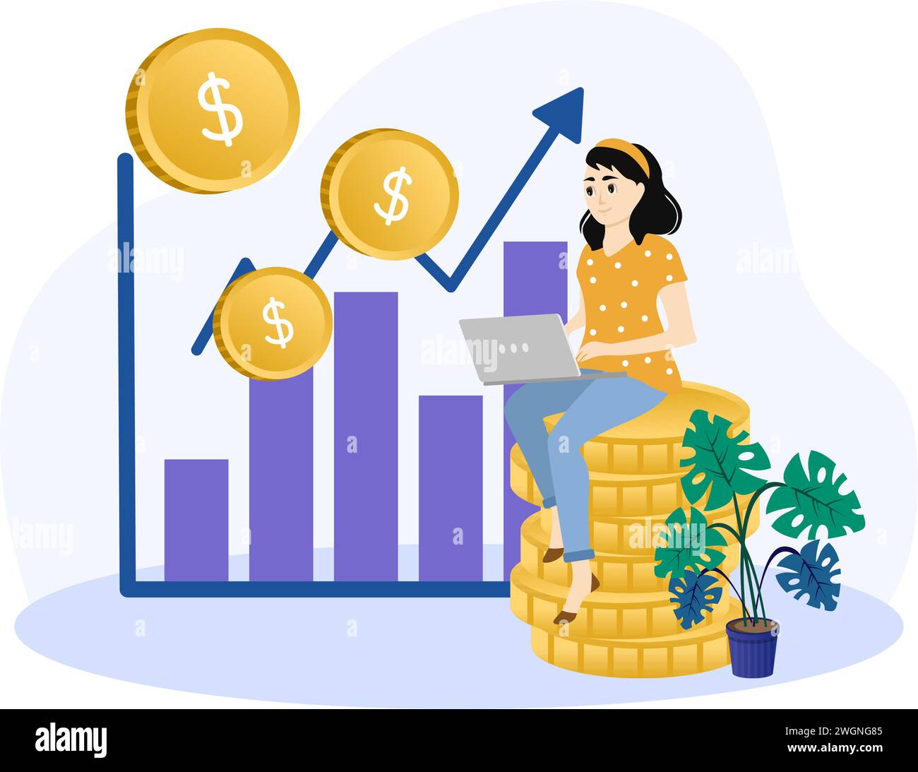 Salary illustration. Woman earning money from online. Female person ...