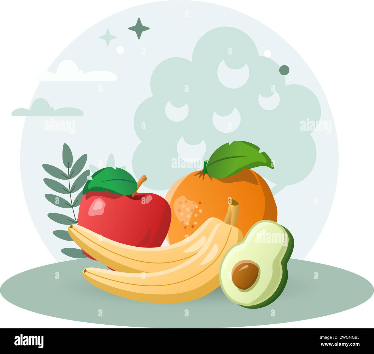 Fruits illustration. Banana, apple, avocado, orange. Editable vector ...