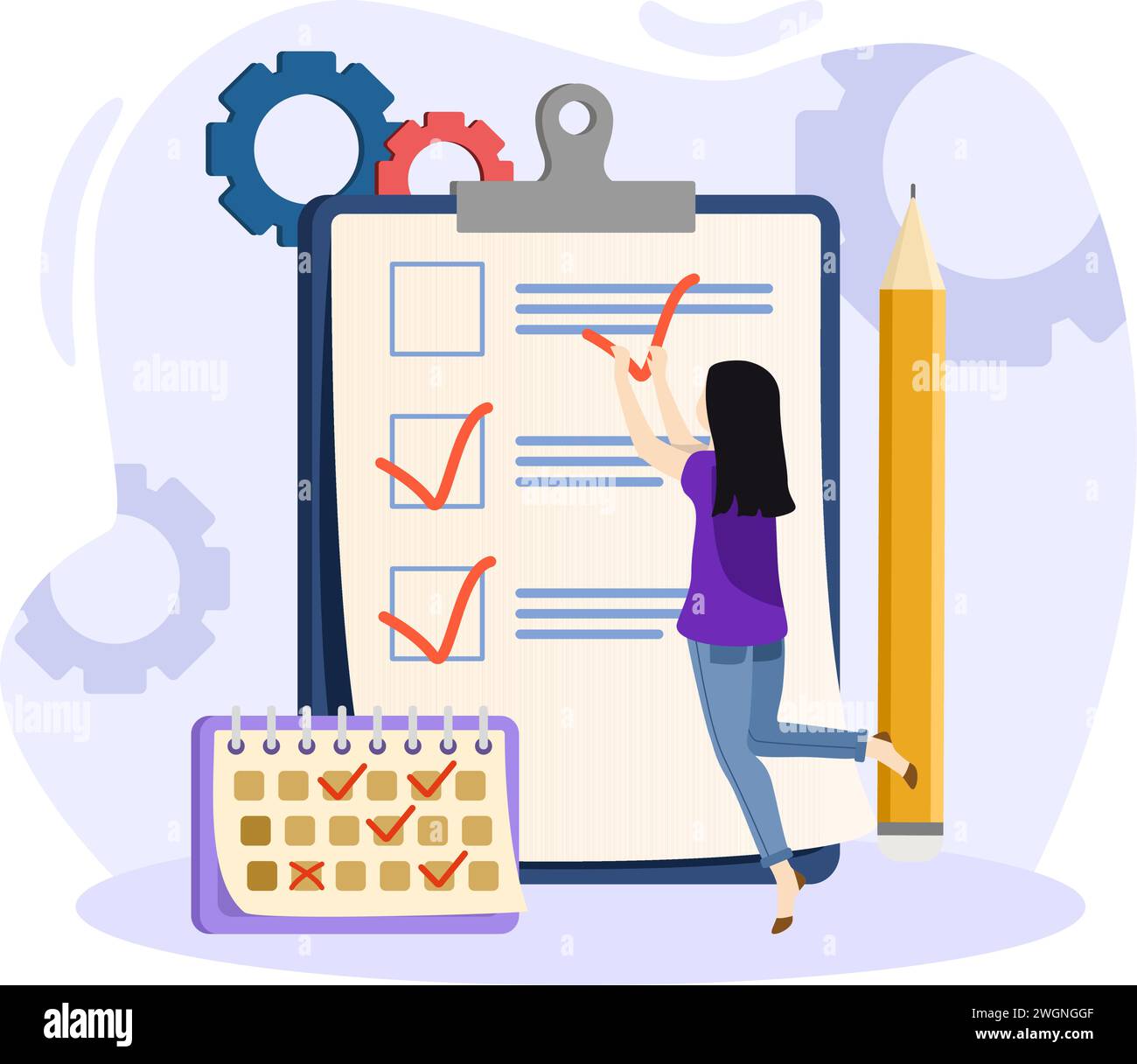 Planning illustration. Happy woman standing near check list and holding ...