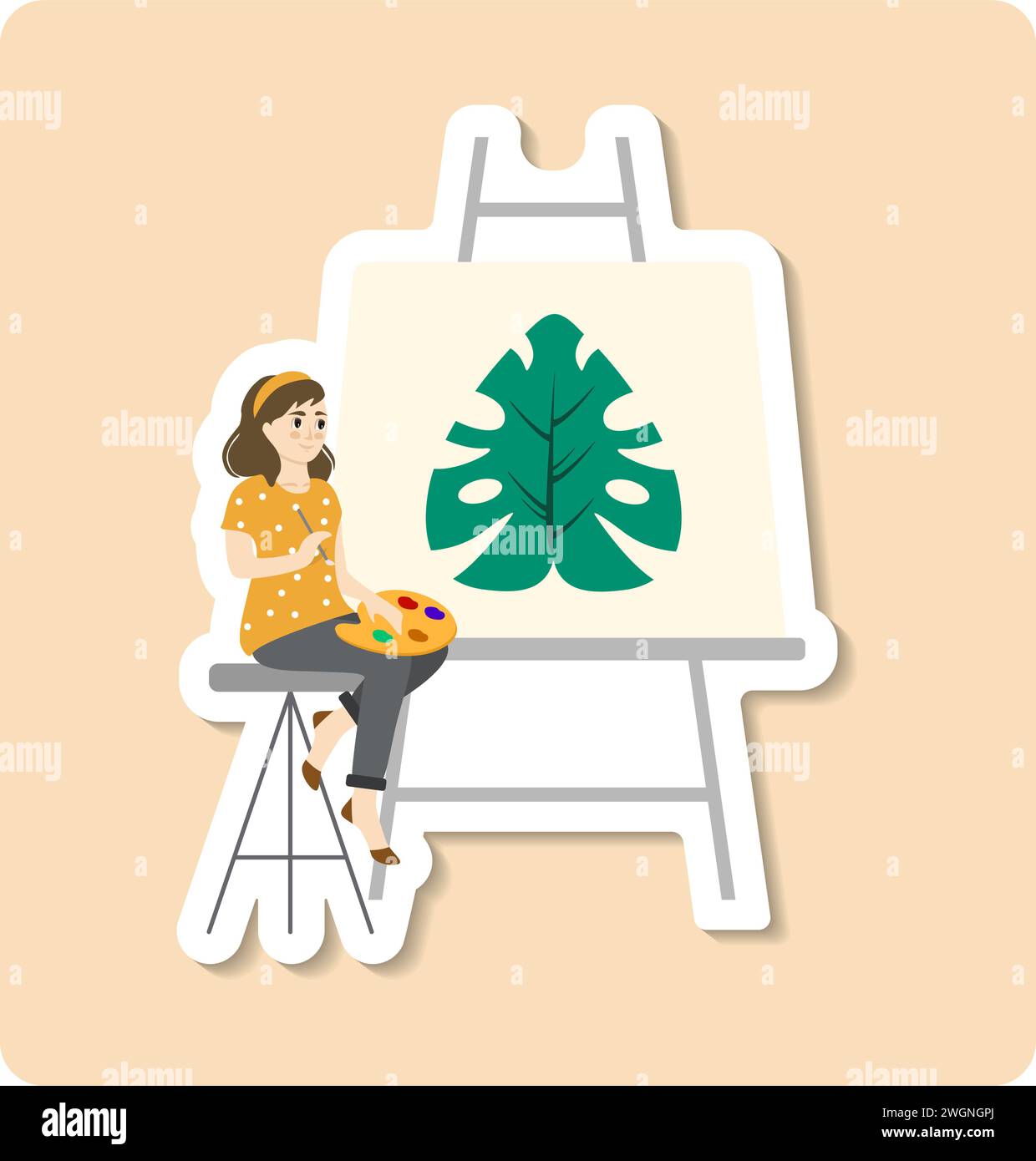 Artist sticker illustration. Cute woman paints on canvas in an art ...