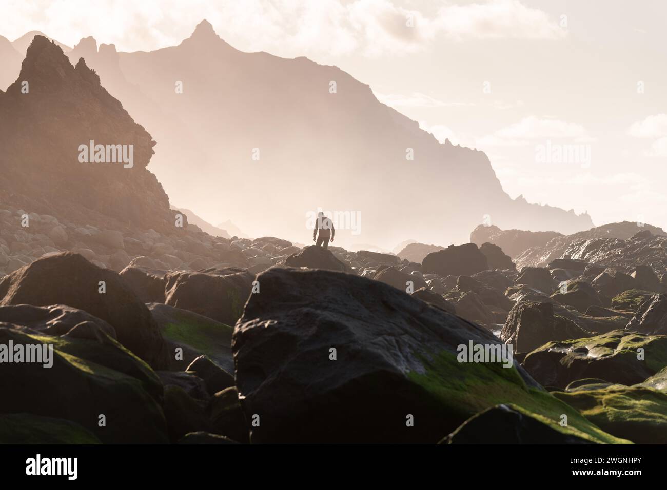 Silhouette of an adventurer exploring on the rocks at the seaside at ...