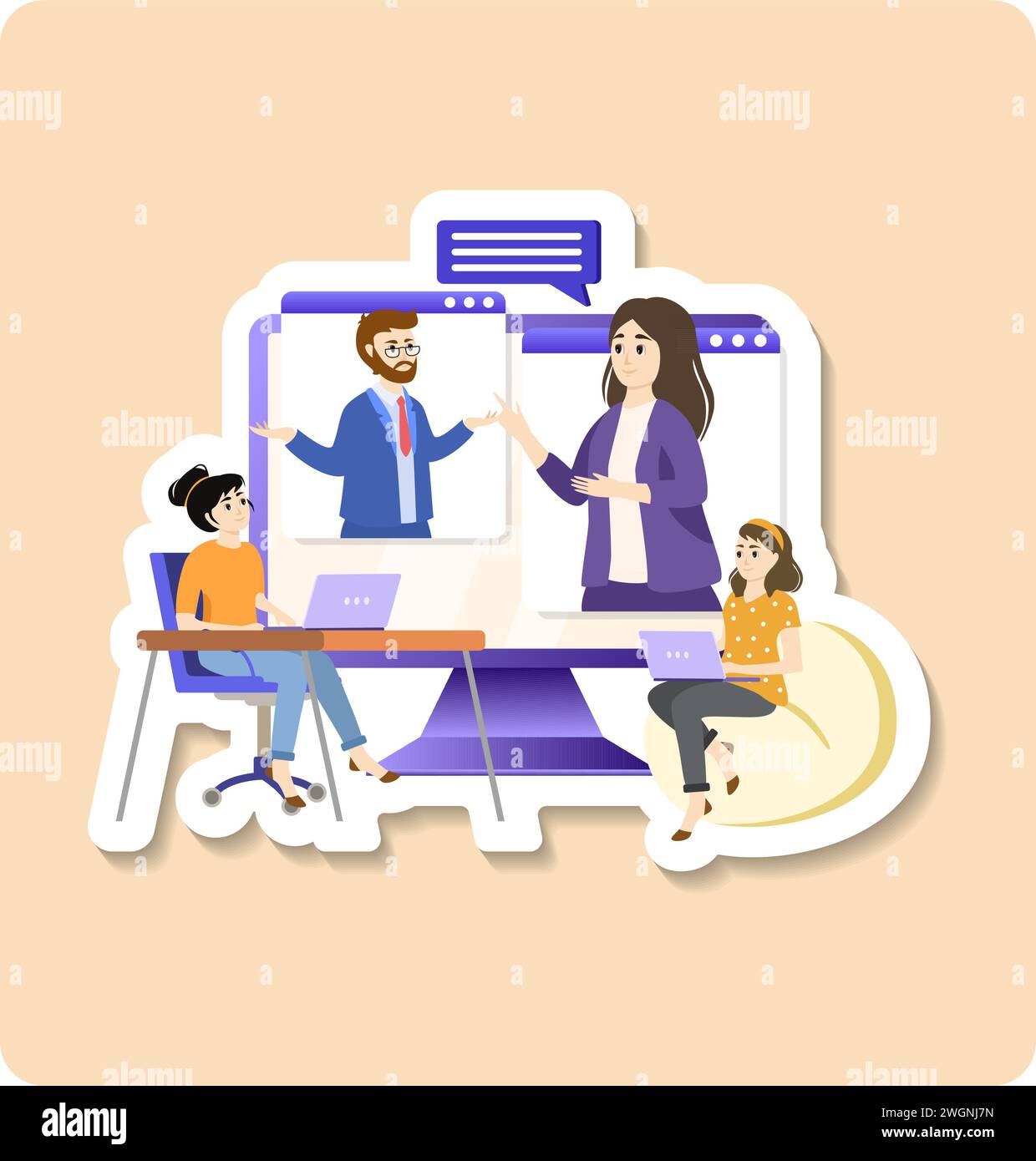 Collaborative learning sticker illustration. Students working in group ...