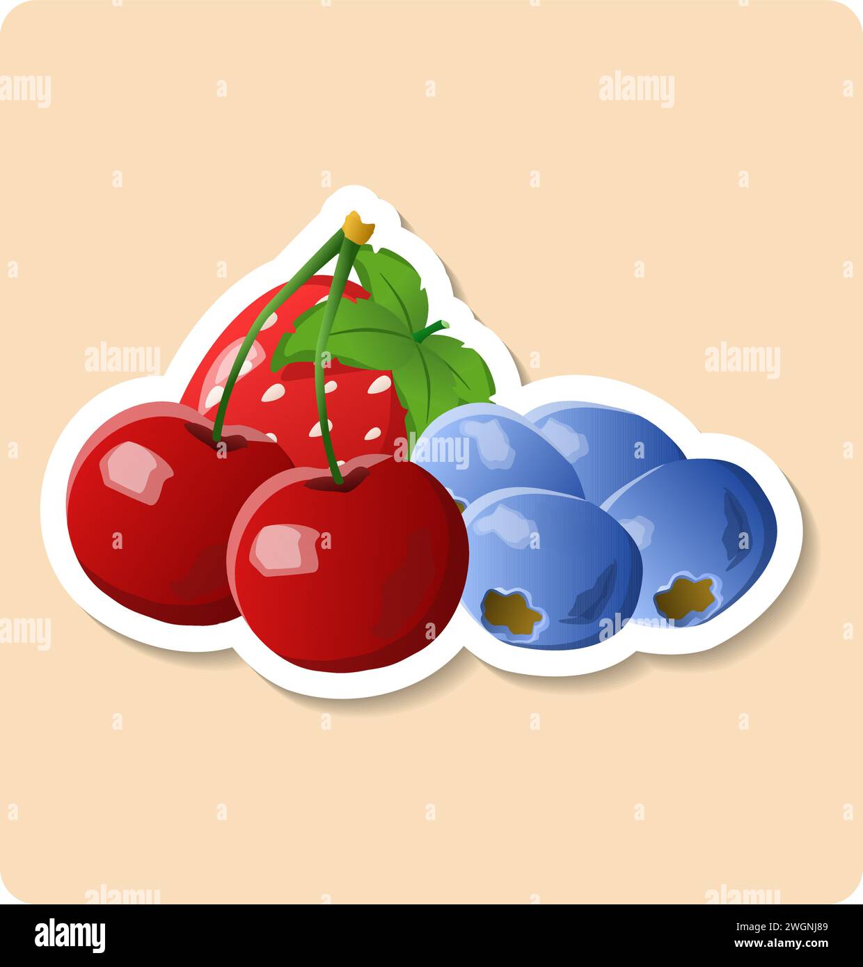 Berry sticker illustration. Cherry, strawberry, blueberry, leaf ...