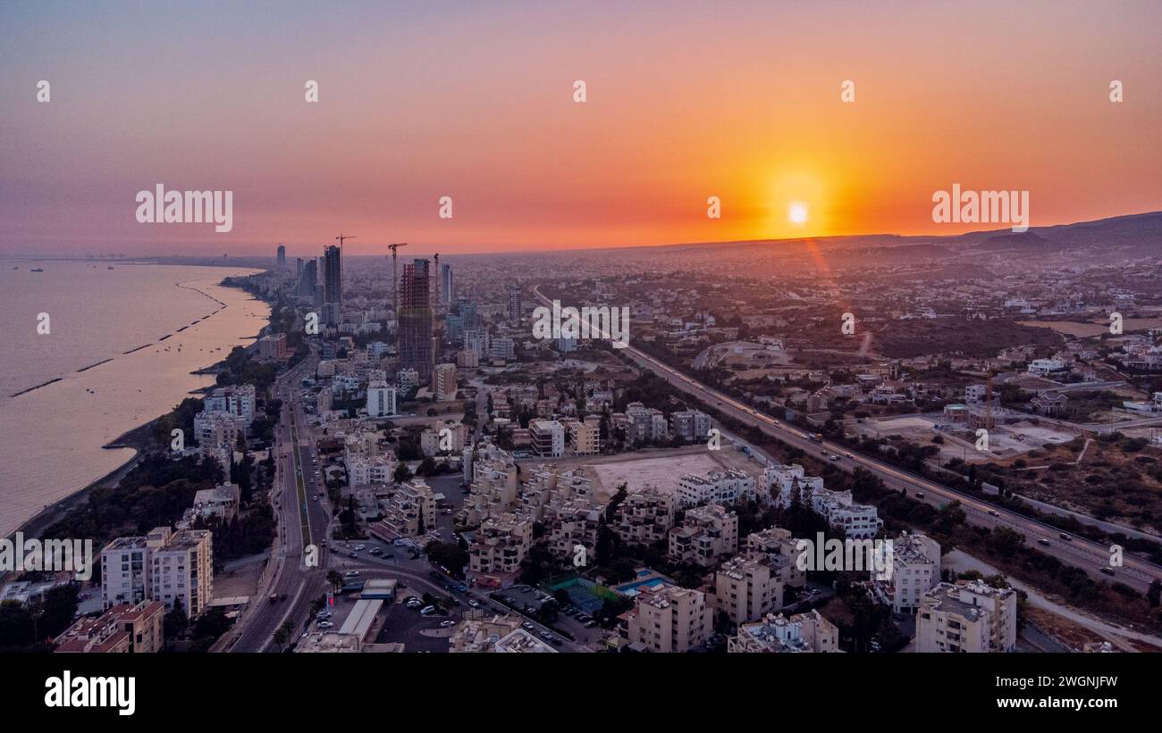 An aerial view of the seafront of Limassol, Cyprus at sunset Stock ...