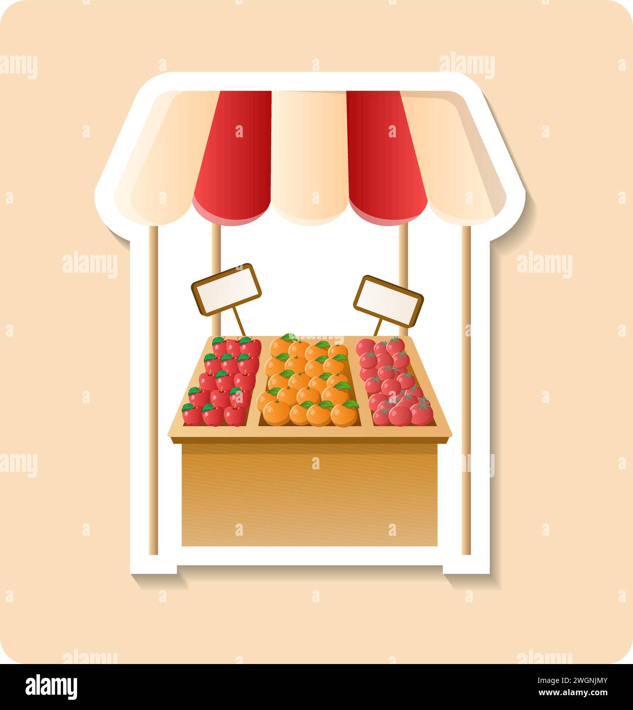 Market sticker illustration. Counter, tent, vegetables, fruits ...