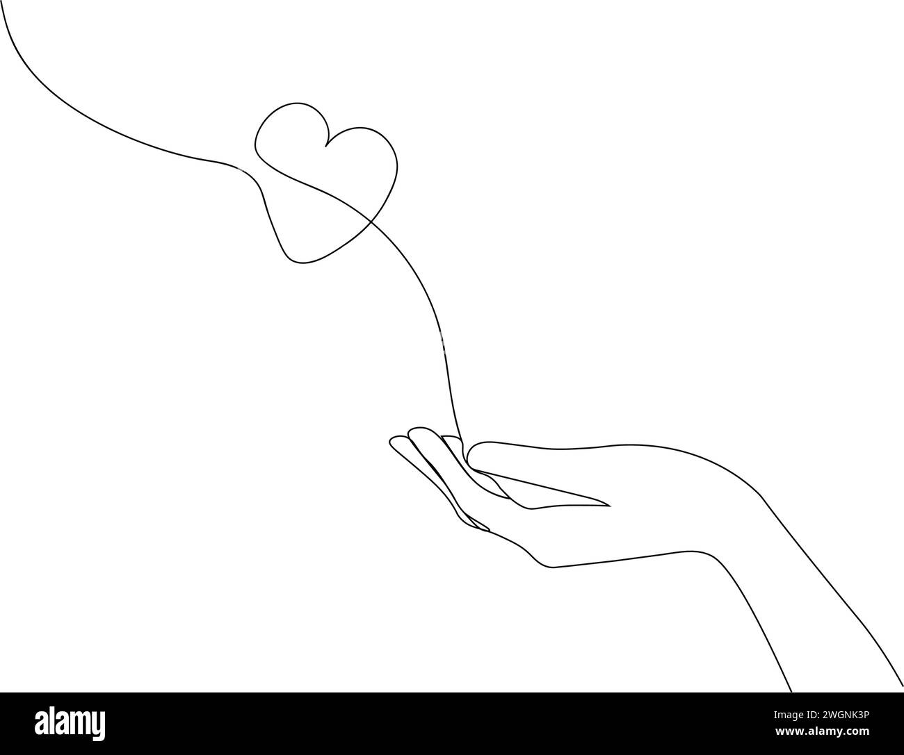 One continuous line drawing of hand holding heart. Beautiful flying ...
