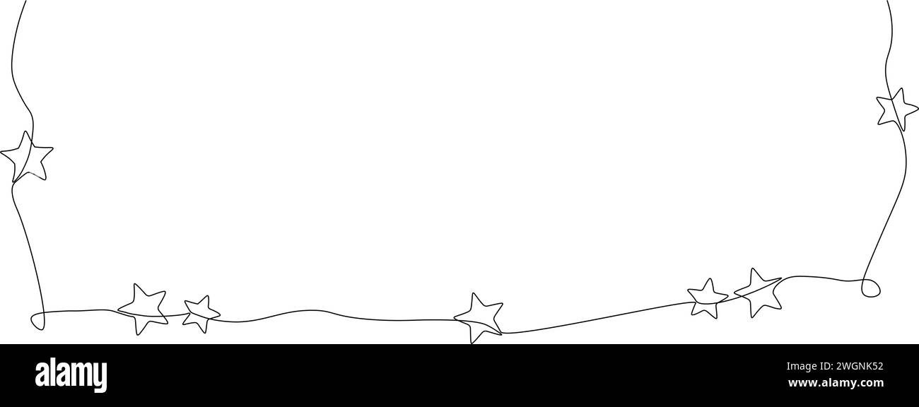One continuous line drawing border with stars. Festive break line with ...