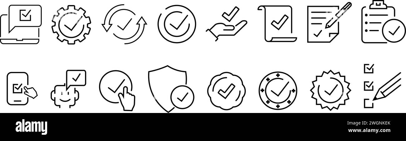 Line icons about checkmark and quality product. Outline symbol ...