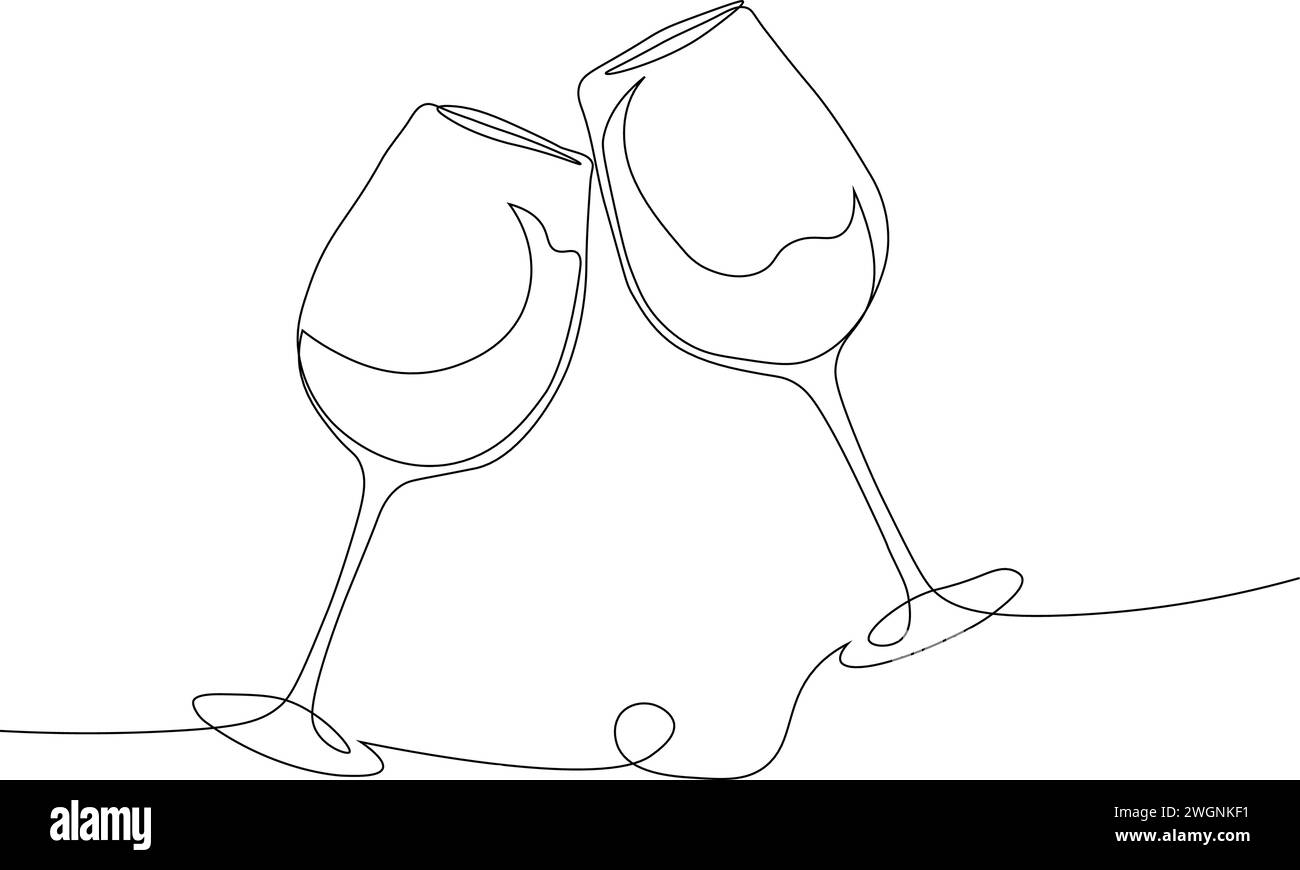 Continuous one line drawing of two glasses of red wine. Toast and ...