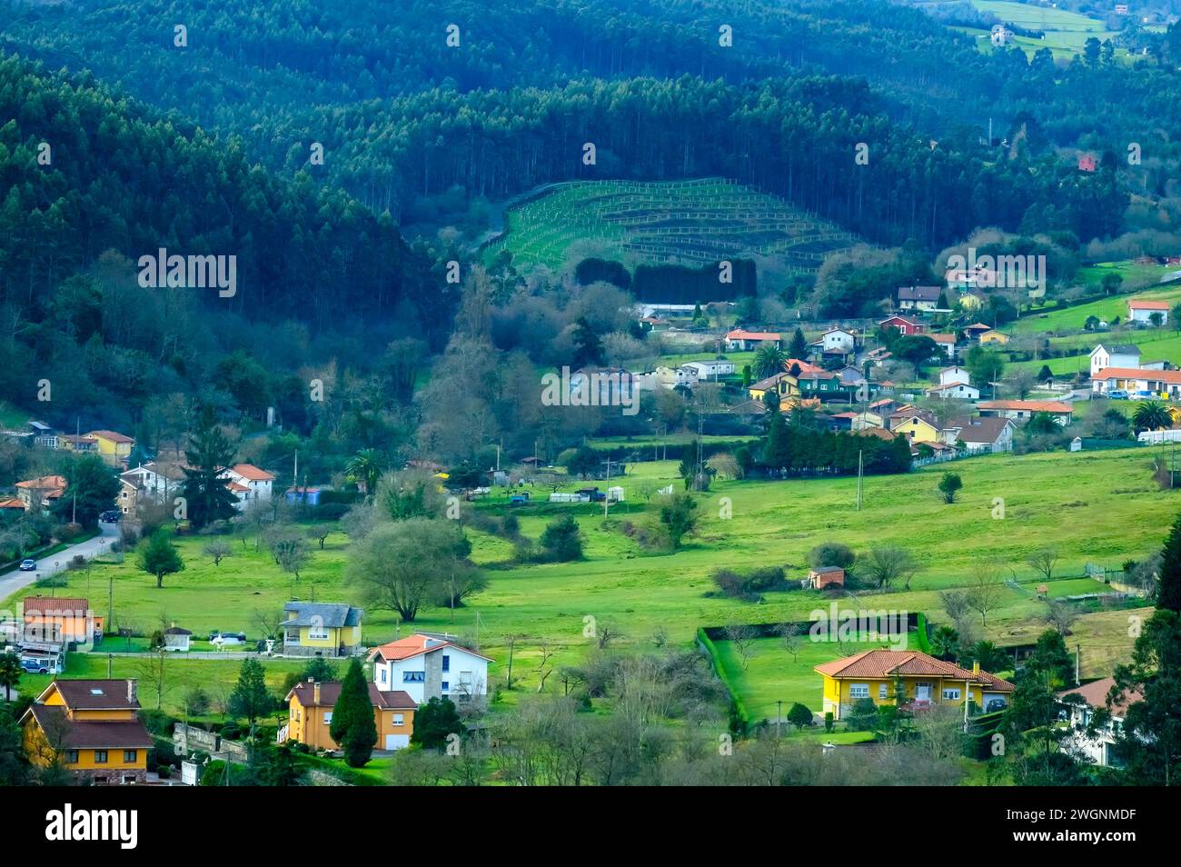 Rural Asturias, Spain, houses in a valley landscape Stock Photo - Alamy