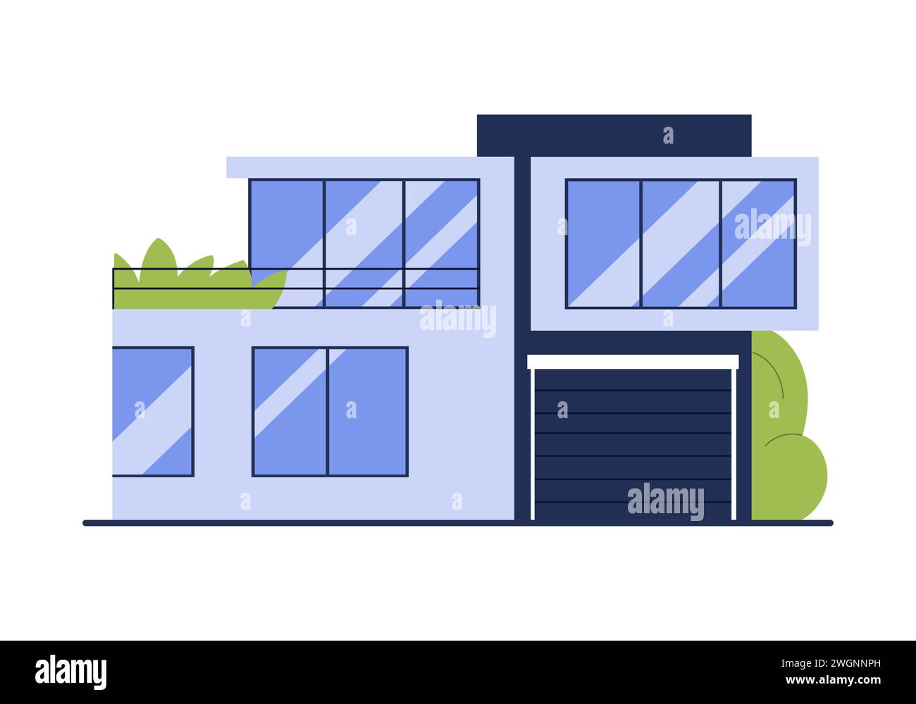 Modern cottage with flat roof and windows, terrace with home garden ...