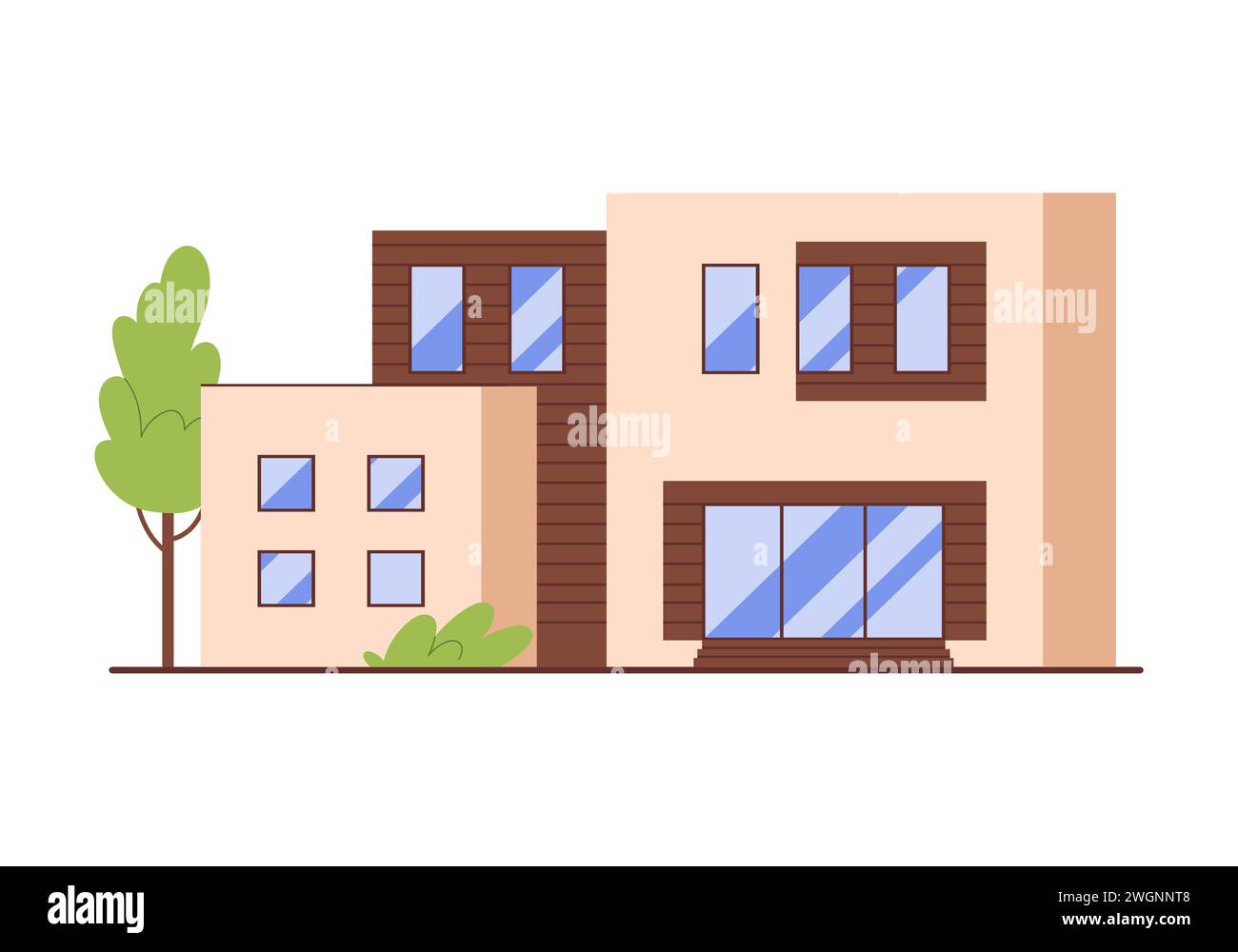 Modern residential house, cottage building exterior and summer tree ...